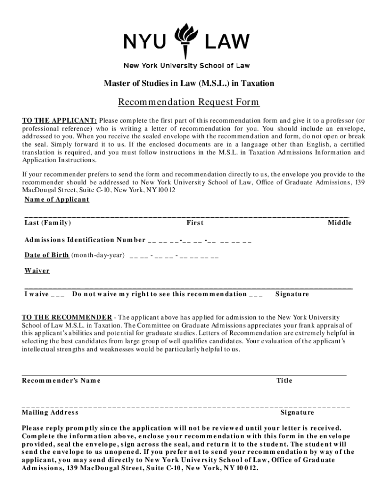 Fillable Online Recommendation Request Form - NYU School of Law - New ...