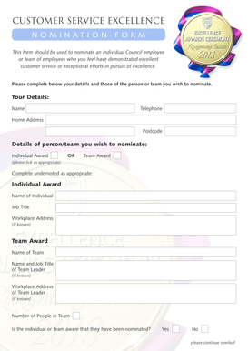 Fillable Online Customer Service Excellence Nomination Form 2013 - East ...