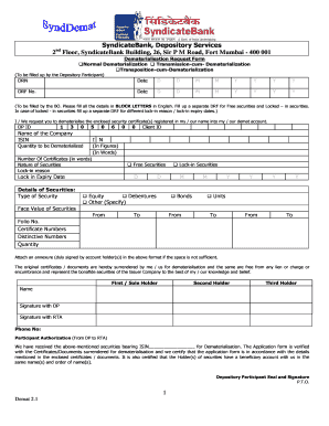 Fillable Online Dematerialisation Request Form - Syndicate Bank Fax Email Print - pdfFiller