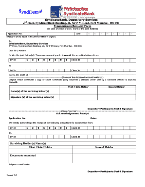 Fillable Online Transmission Request Form - Syndicate Bank Fax Email ...