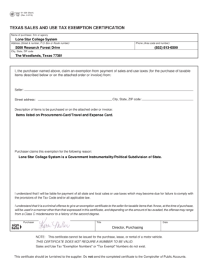Fillable Online lonestar Texas sales and use tax exemption ...