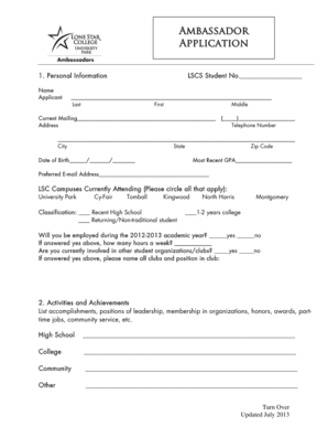 Fillable Online lonestar 2013-2014 Ambassador Application - Lone Star ...