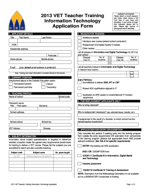 Fillable Online 2013 VET Teacher Training Information Technology Application Form Fax Email ...