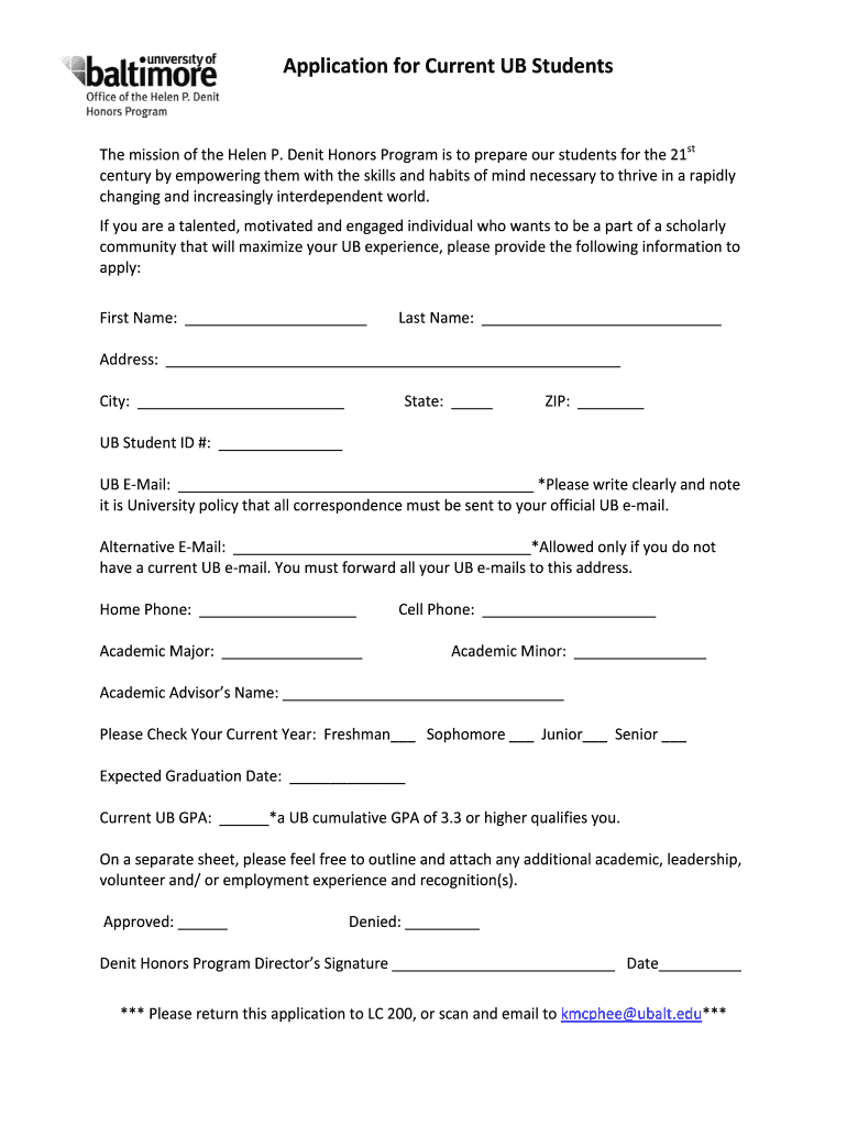 Fillable Online Helen P. Denit Honors Program Application Fax Email ...