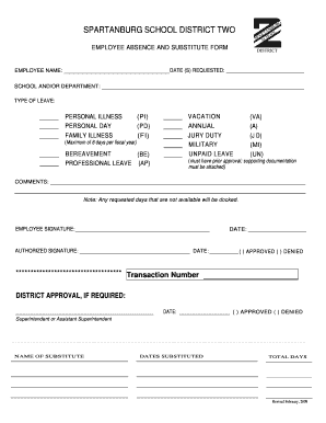 Fillable Online Employee Absence and Substitute Form - Spartanburg ...