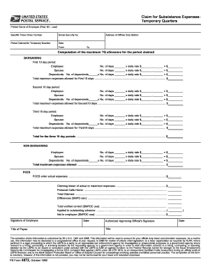 Fillable Online nalc-branch78 PS Form 4872, Claim for Subsistence ...