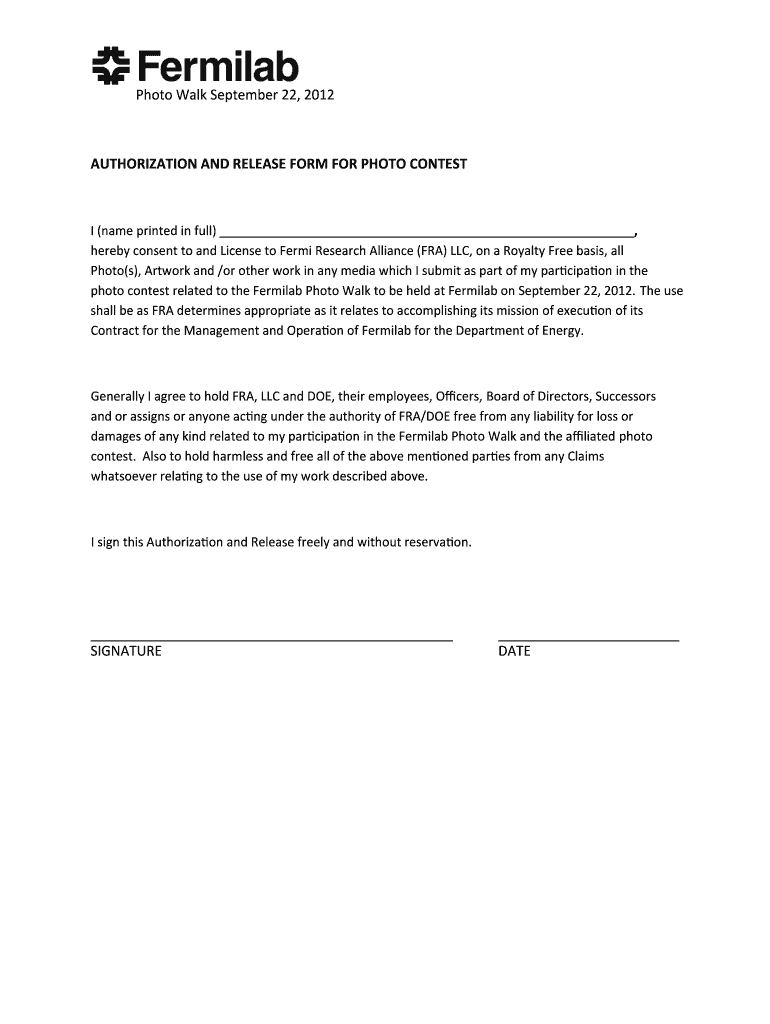 Fillable Online Authorization and Release Form for Photo Contest Fax ...