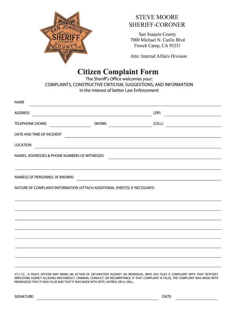 Fillable Online Citizen Complaint Form for San Joaquin County Sheriff's ...