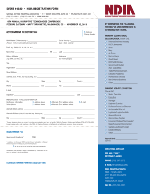 Fillable Online ndia EVENT #4920 u NDIA REGISTRATION FORM NATIONAL ...