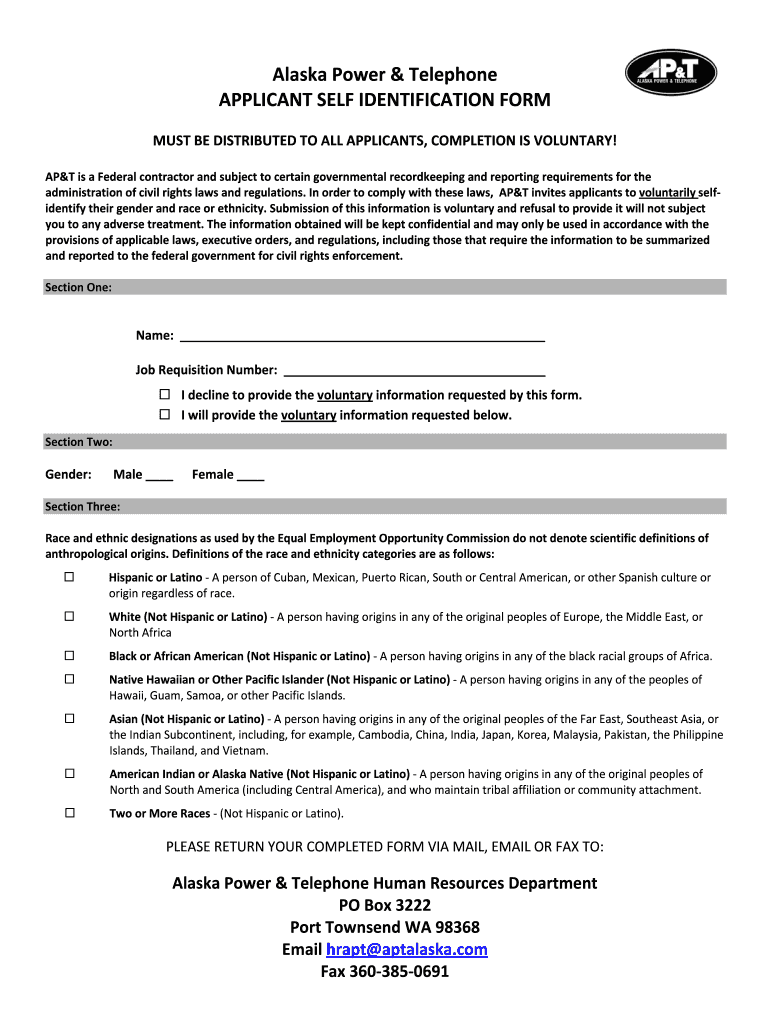 Fillable Online Alaska Power & Telephone Applicant Self Identification ...