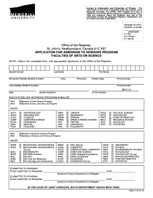 Fillable Online mun Application for Admission to Honours Program ...