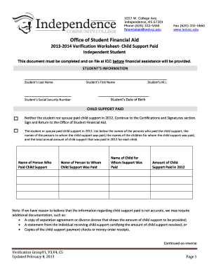 Fillable Online indycc Verify Worksheet Child Support Independent ...