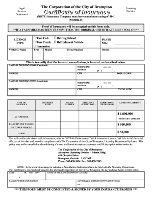 Fillable Online brampton Certificate of Insurance - December/06/05 - the City of Brampton ...