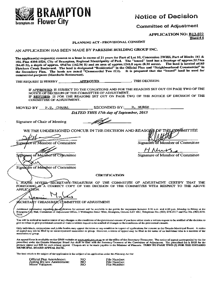 Fillable Online Committee of Adjustment Decision Notices Fax Email ...