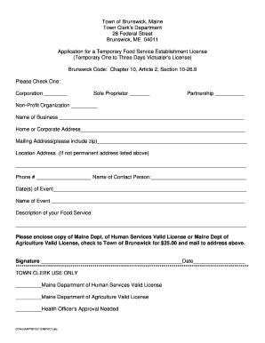Fillable Online brunswickme Temporary Food License Application - Town ...