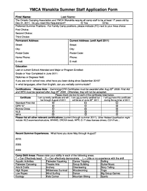 Fillable Online YMCA Wanakita Summer Staff Application Form Fax Email ...