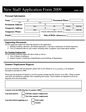 Fillable Online New Staff Application Form 2009 - Gould Lake Outdoor ...