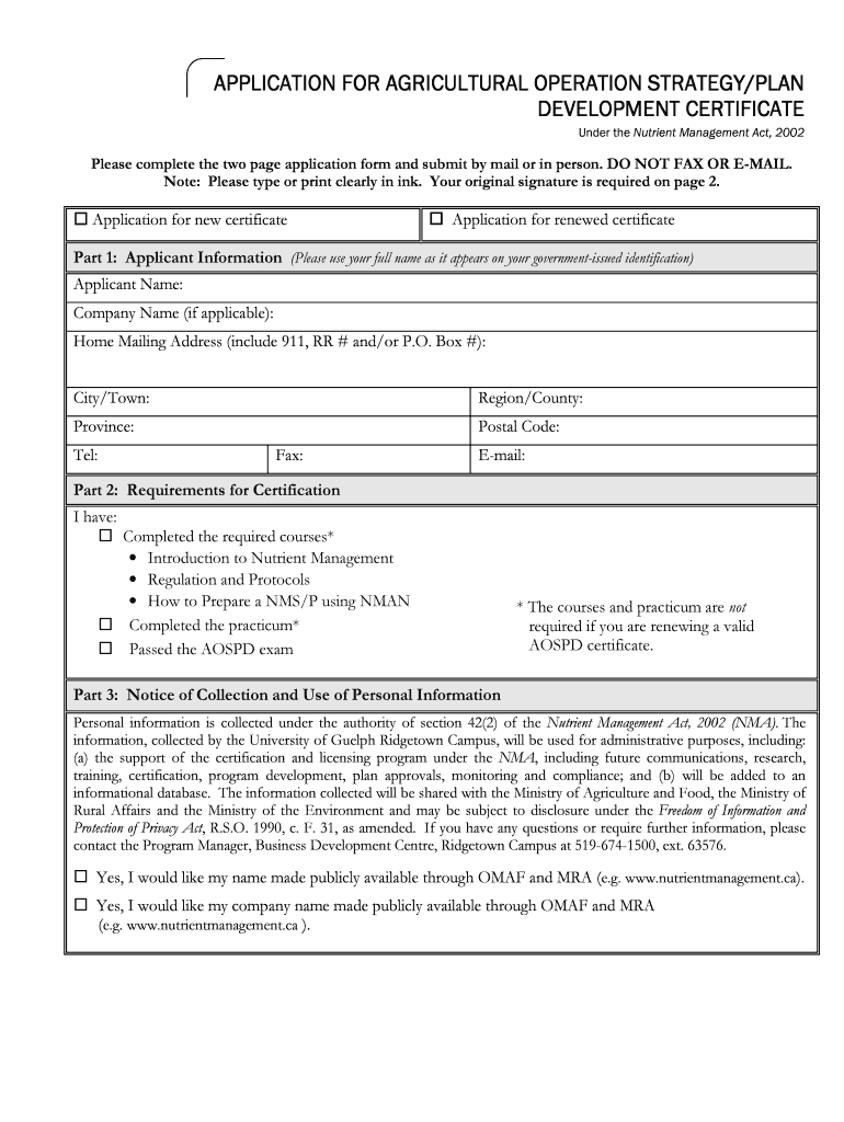 Fillable Online Application for Agricultural Operation Strategy/Plan ...