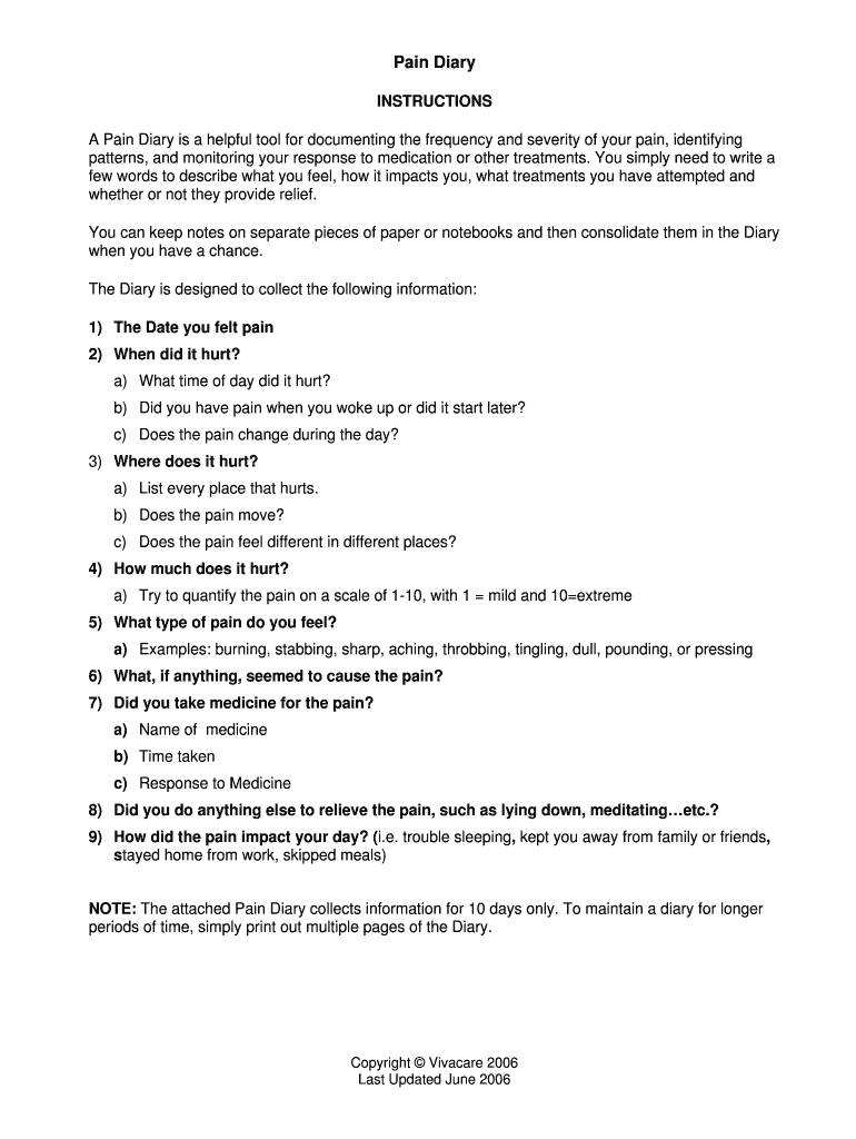 Fillable Online A Pain Diary is a helpful tool for documenting the ...