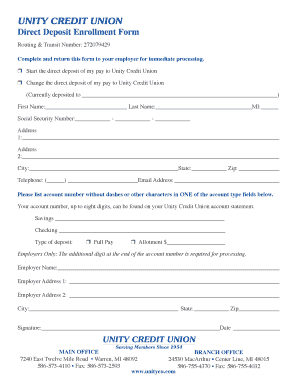 Fillable Online UNITY CREDIT UNION Direct Deposit Enrollment Form Fax ...