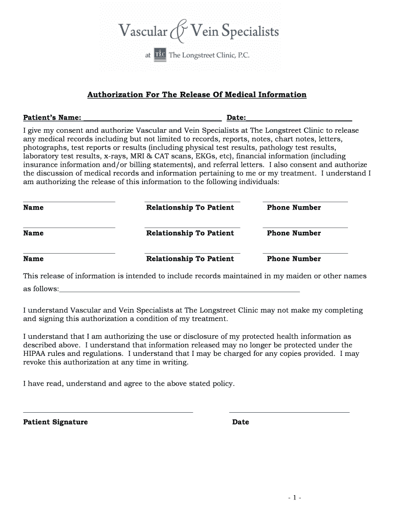 Fillable Online Authorization For The Release Of Medical Information ...