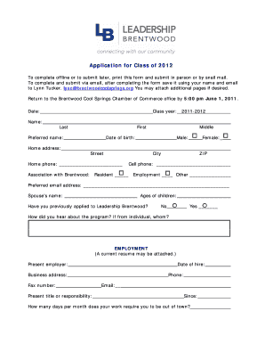 Fillable Online leadershipbrentwood Application for Class of 2012 ...
