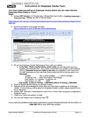 Fillable Online wiki tafensw edu Instructions for Employee Vendor Form ...