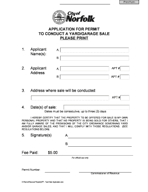 Fillable Online APPLICATION FOR PERMIT TO CONDUCT A YARDGARAGE SALE Fax ...