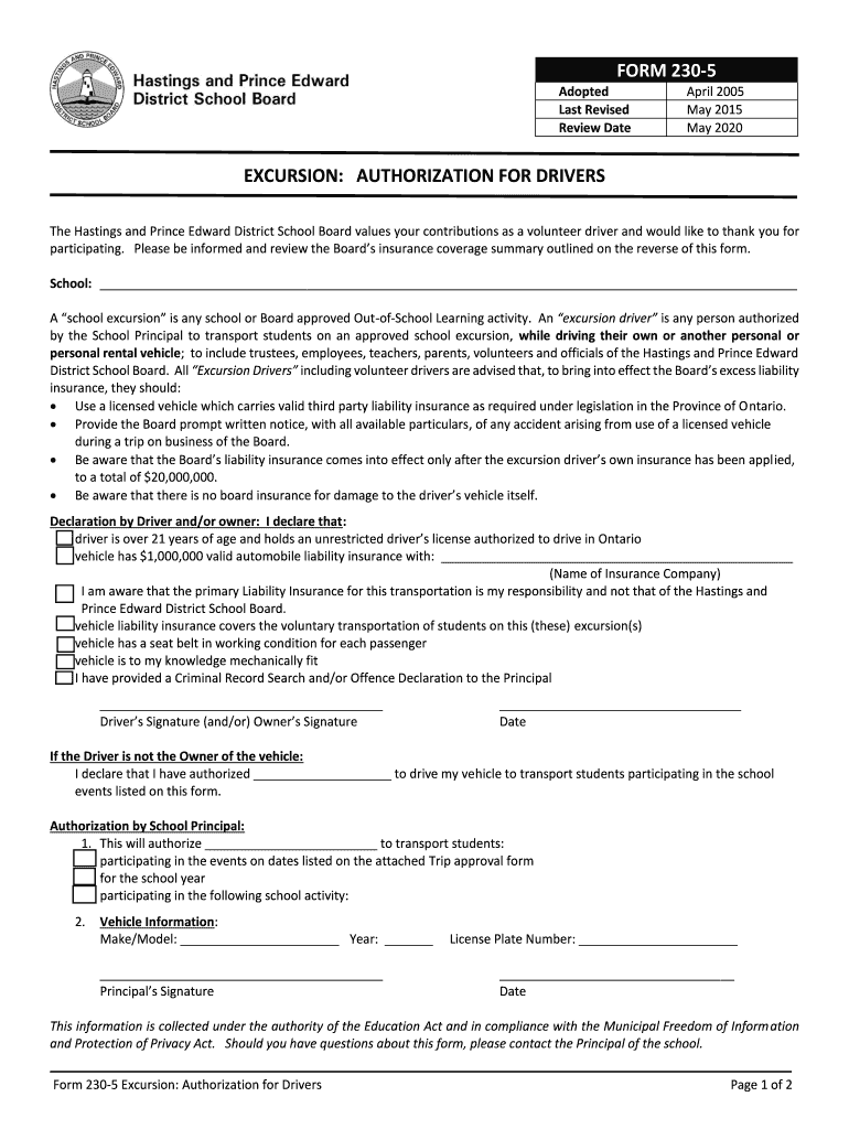 Fillable Online hpedsb on BForm 230b-5 Excursion - Authorization for ...