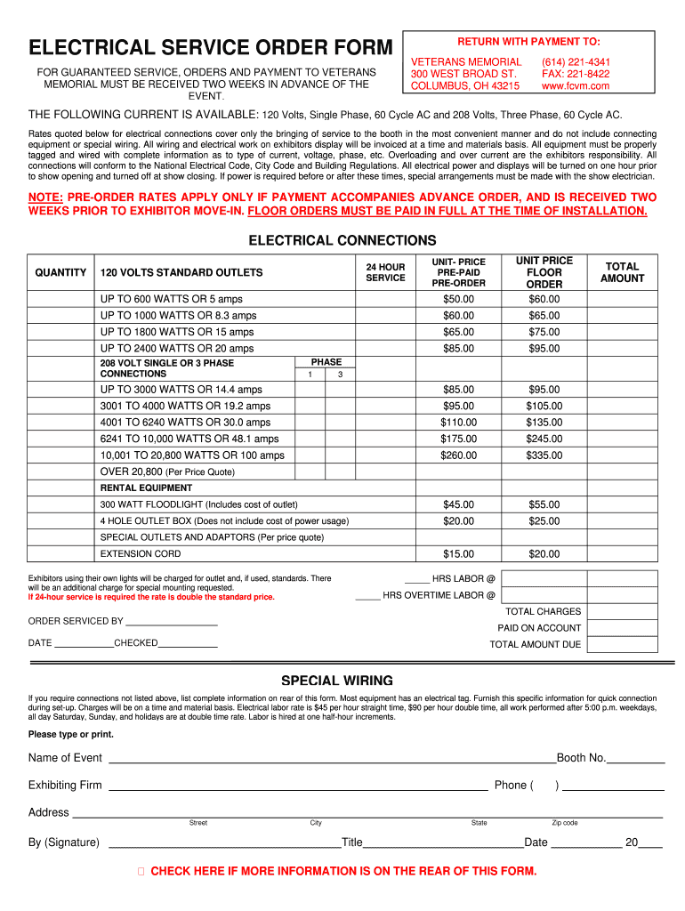 Fillable Online ELECTRICAL SERVICE ORDER FORM RETURN WITH PAYMENT TO ...