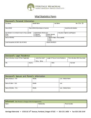 Fillable Online Vital Statistics Form - Heritage Memorial - Simple Fax ...