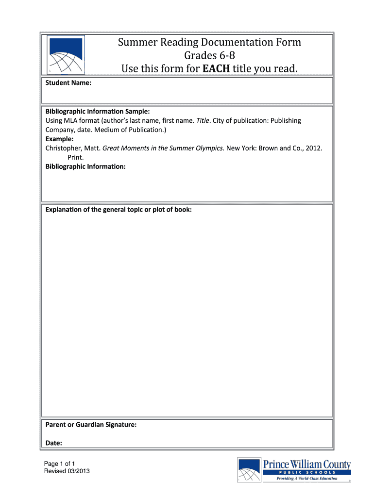 Fillable Online Summer Reading Documentation Form Grades 6-8 Use this ...
