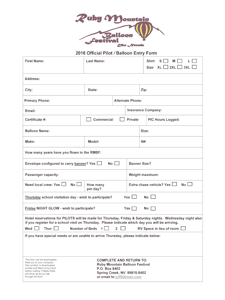 Fillable Online Official Pilot / Balloon Entry Form Fax Email Print ...