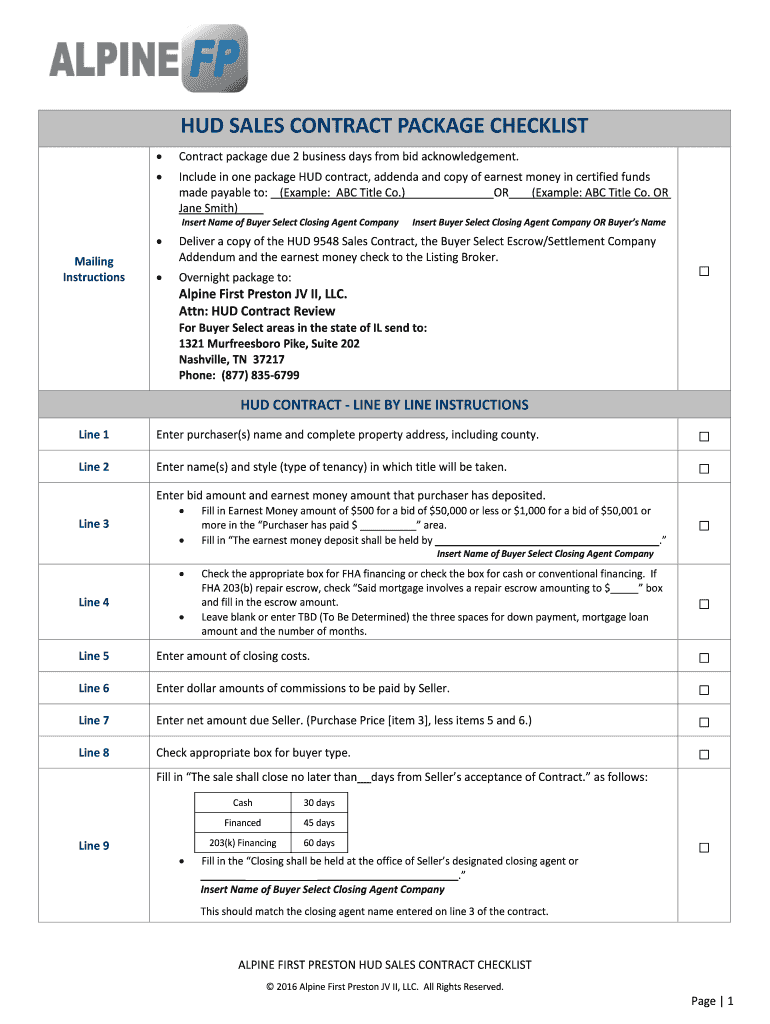 Fillable Online Hud sales contract package checklist - BidSelect Fax ...