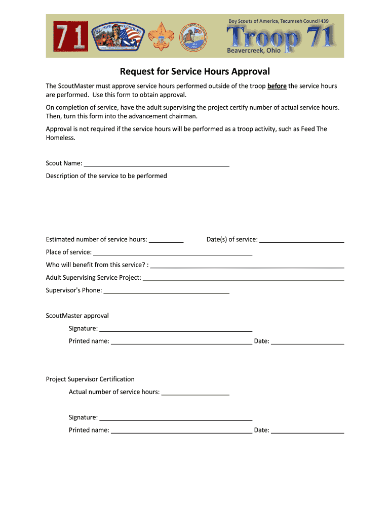 Fillable Online troop71 Service Hours Approval form - Troop 71 Fax ...
