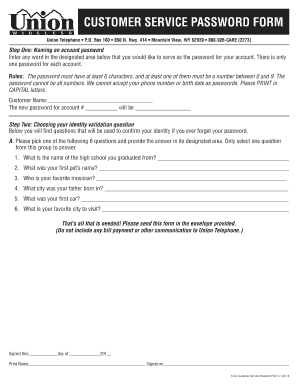 Fillable Online CUSTOMER SERVICE PASSWORD FORM - Union Wireless Fax ...