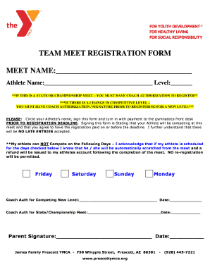 Fillable Online prescottymca TEAM MEET REGISTRATION FORM MEET NAME ...