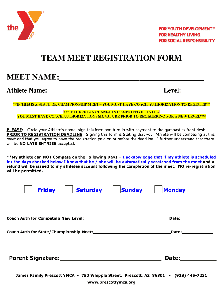 Fillable Online prescottymca TEAM MEET REGISTRATION FORM MEET NAME ...
