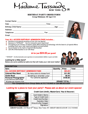 Fillable Online Child Birthday Party Booking Form - Madame Tussauds Fax ...