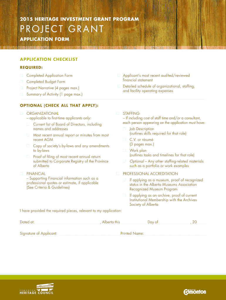 Fillable Online edmontonheritage 2015 HERITAGE INVESTMENT GRANT PROGRAM PROJECT GRANT ...