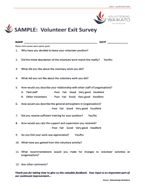 Fillable Online volunteeringwaikato org SAMPLE - Volunteer Exit Survey ...