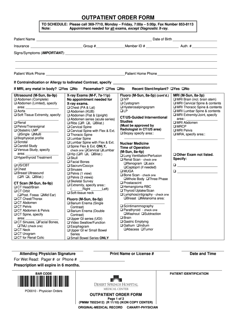 Fillable Online Desert Springs Hospital Outpatient Order Form - Valley ...