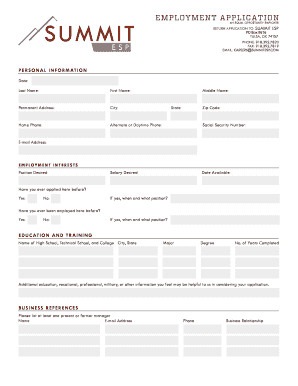 Fillable Online EMPLO YME NT APPLICATION - Summit ESP Fax Email Print ...
