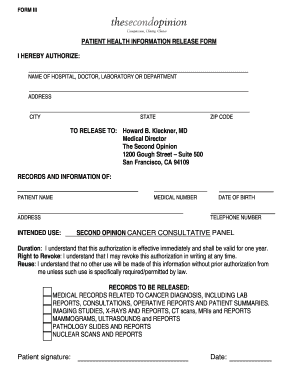 Fillable Online thesecondopinion PATIENT HEALTH INFORMATION RELEASE ...