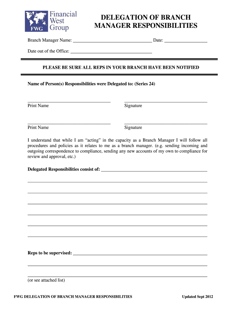 Fillable Online Delegation of Branch Manager Responsibilities Form ...