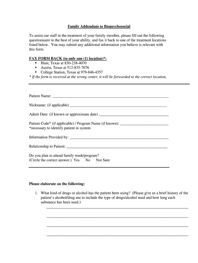 Fillable Online Family Addendum to Biopsychosocial To assist our ...