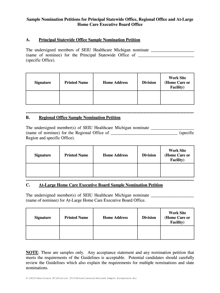 Fillable Online seiuhealthcaremi Sample Nomination Petitions for ...