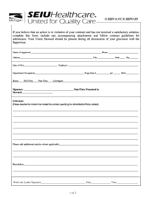 Fillable Online seiuhealthcaremi GRIEVANCE REPORT - SEIU Healthcare ...