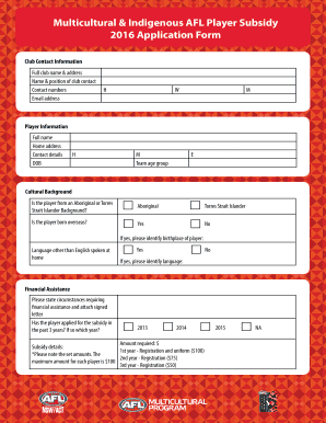 Fillable Online Multicultural & Indigenous AFL Player Subsidy 2016 ...