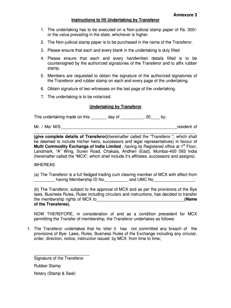 Fillable Online Annexure 3 Instructions to fill Undertaking by ...